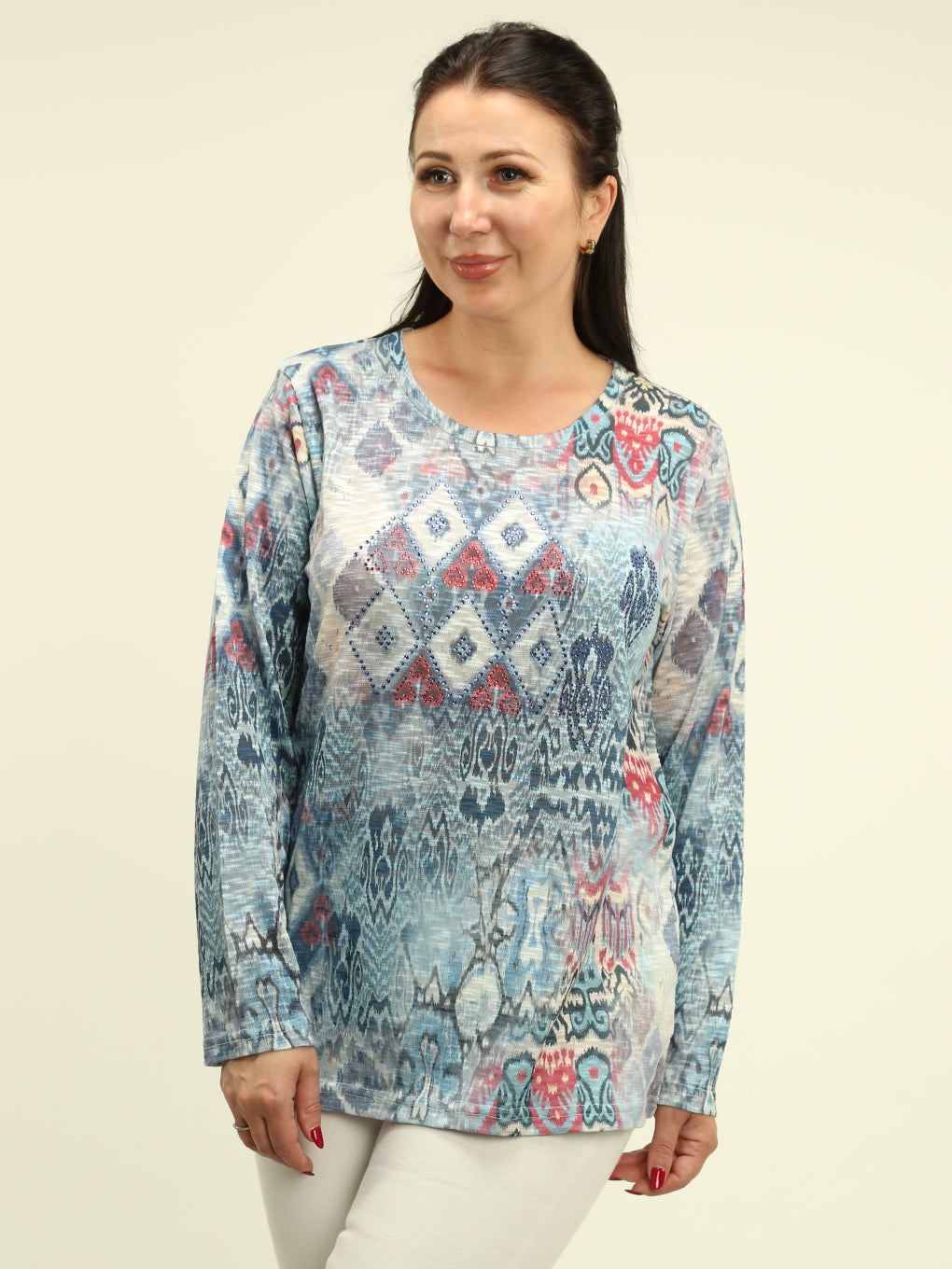 Rhinestone Diamond Ikat Print Top – Annabella.ca